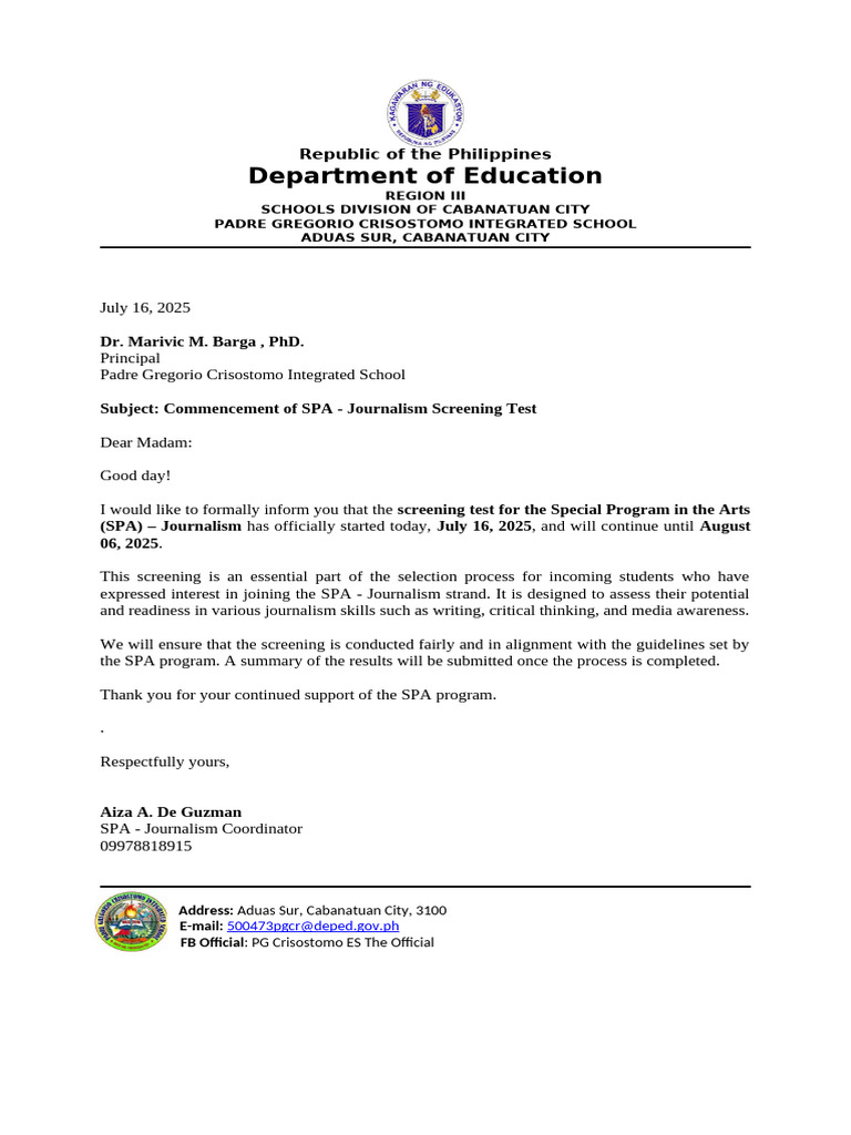 Screening Test-Letter To The Principal | PDF