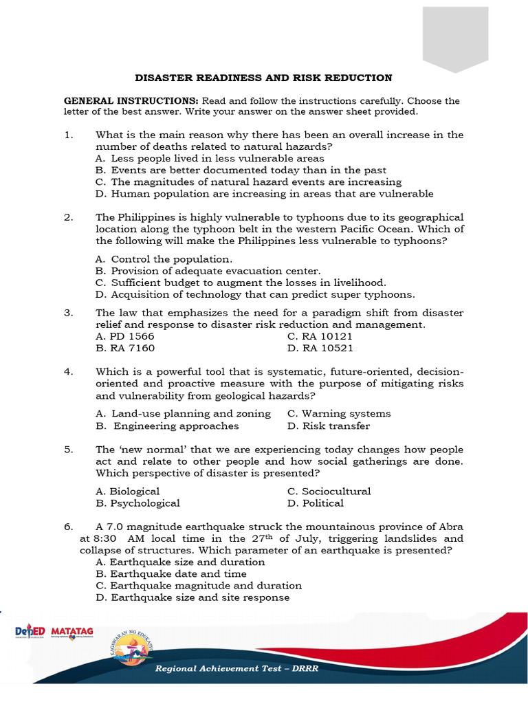 Regional DRRR Achievement Test Guide | PDF | Tropical Cyclones ...