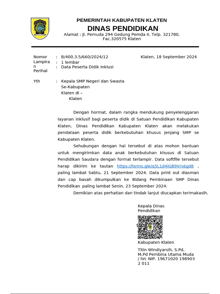 Data Peserta Didik Inklusi Klaten 2024 | PDF