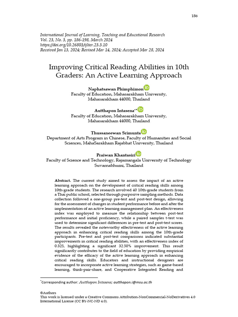 Improving Critical Reading Abilities in 10th Graders An Active Learning ...