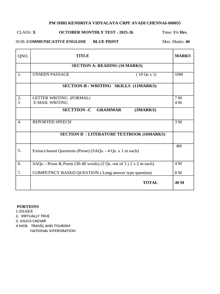 X Eng BP Oct Monthly Test 2025 | PDF