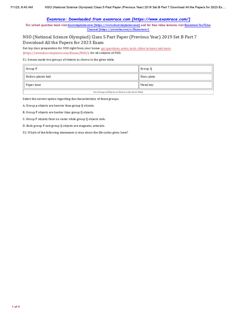 NSO Level 1 Class 5 Question Paper 2019 Set B Part 7 | PDF | Earth ...