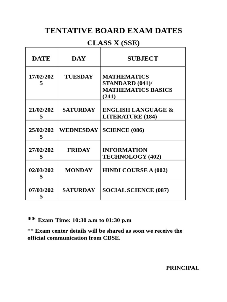 Tentative Class X Board Time Table-1 | PDF