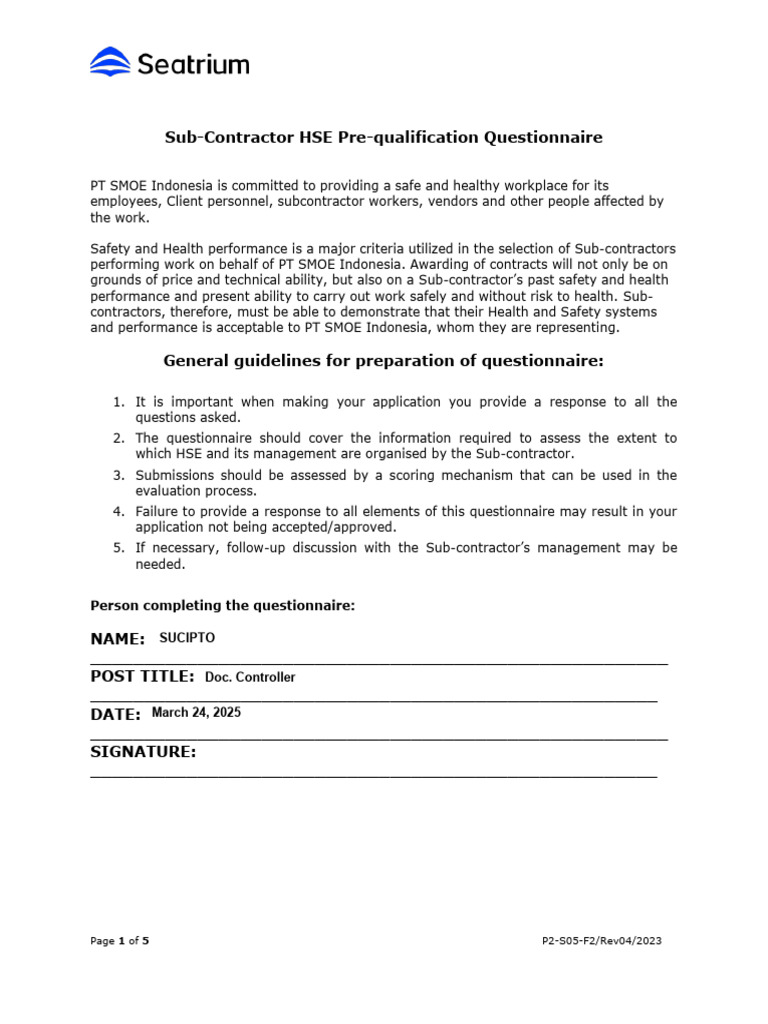 04 - HSE Pre Qualification Form | PDF | Personal Protective Equipment | Occupational Safety And ...