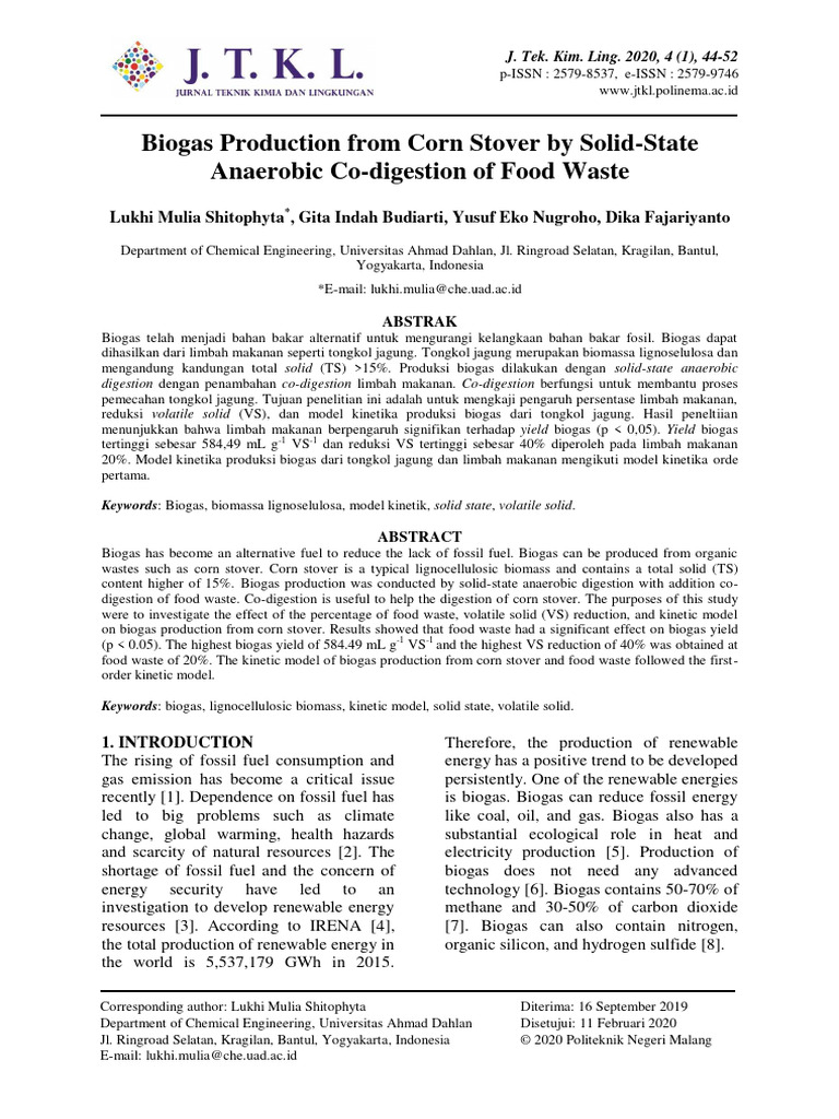 Biogas Production From Corn Stover by So B5dff7ec | PDF | Anaerobic ...