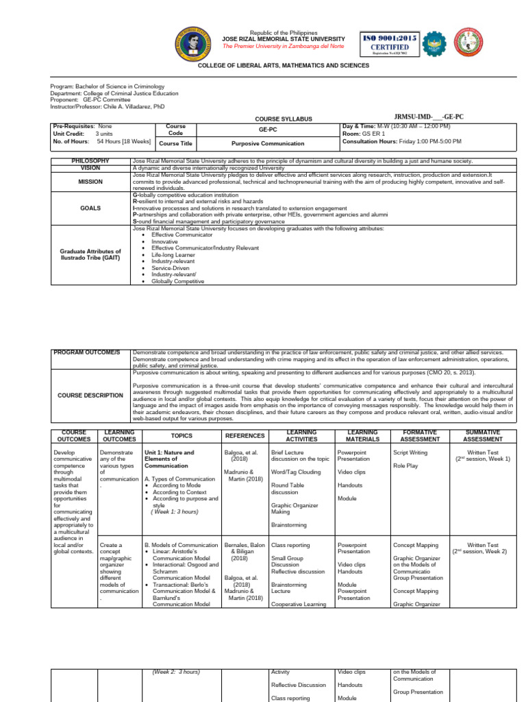Purposive Communication Course Syllabus | PDF | Communication | Human ...