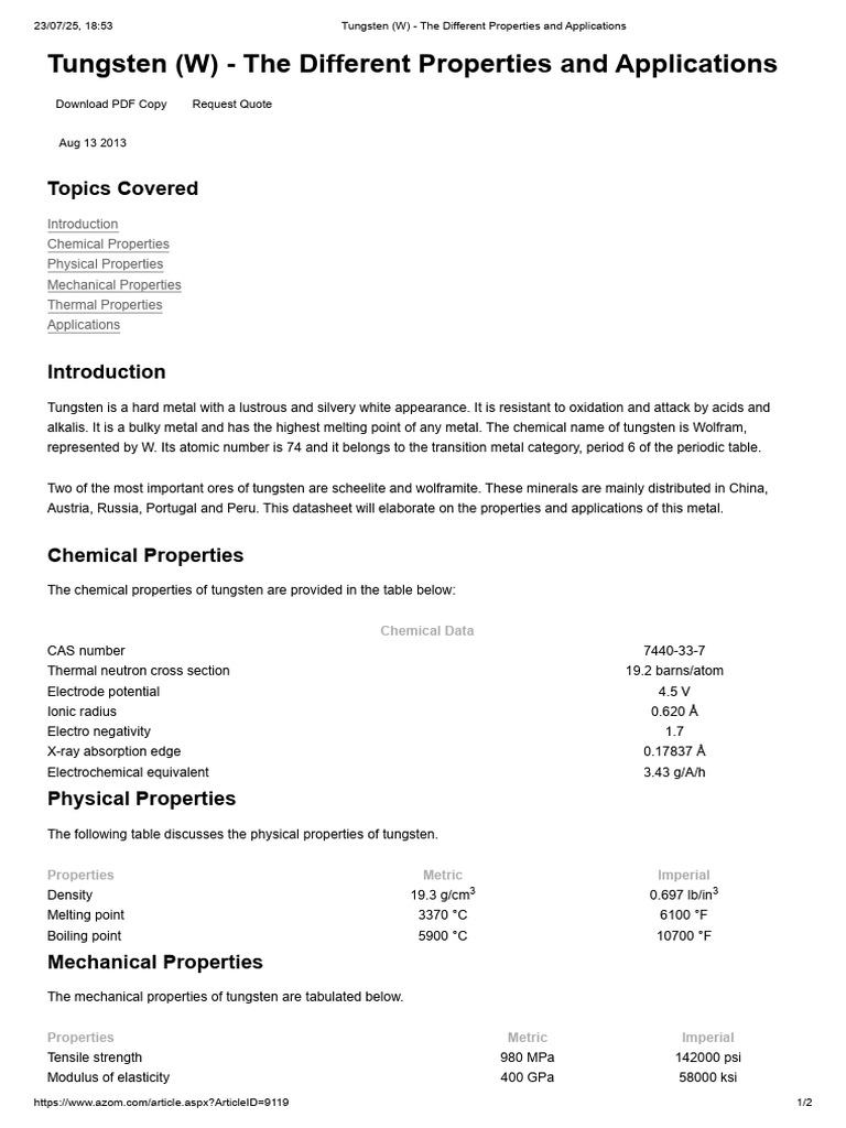 Tungsten: Properties and Applications | PDF | Tungsten | Metals