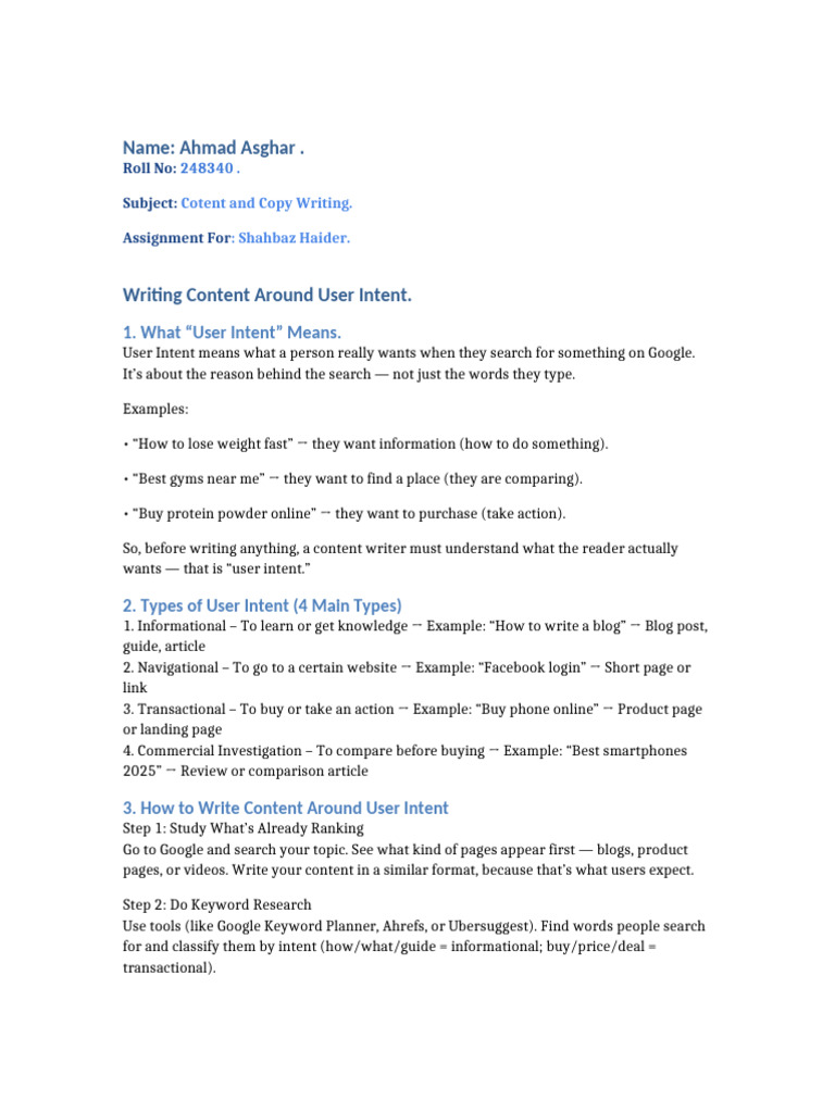 Writing Content Around User Intent Checklist | PDF | Phrase | Semantics