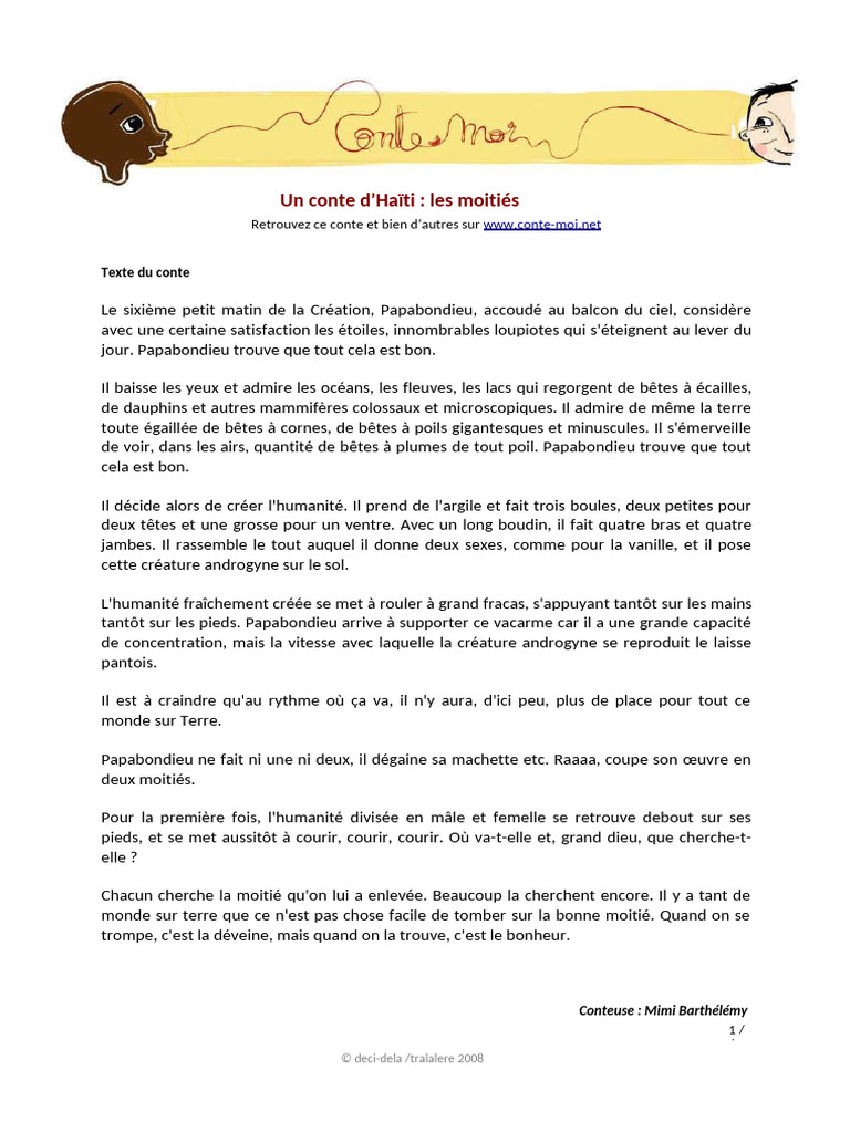 Conte haïtien : La création des moitiés | PDF | Langue française