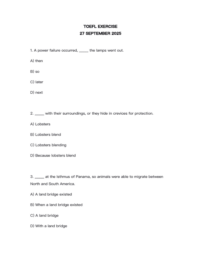 TOEFL Exercise: Grammar Practice Questions | PDF