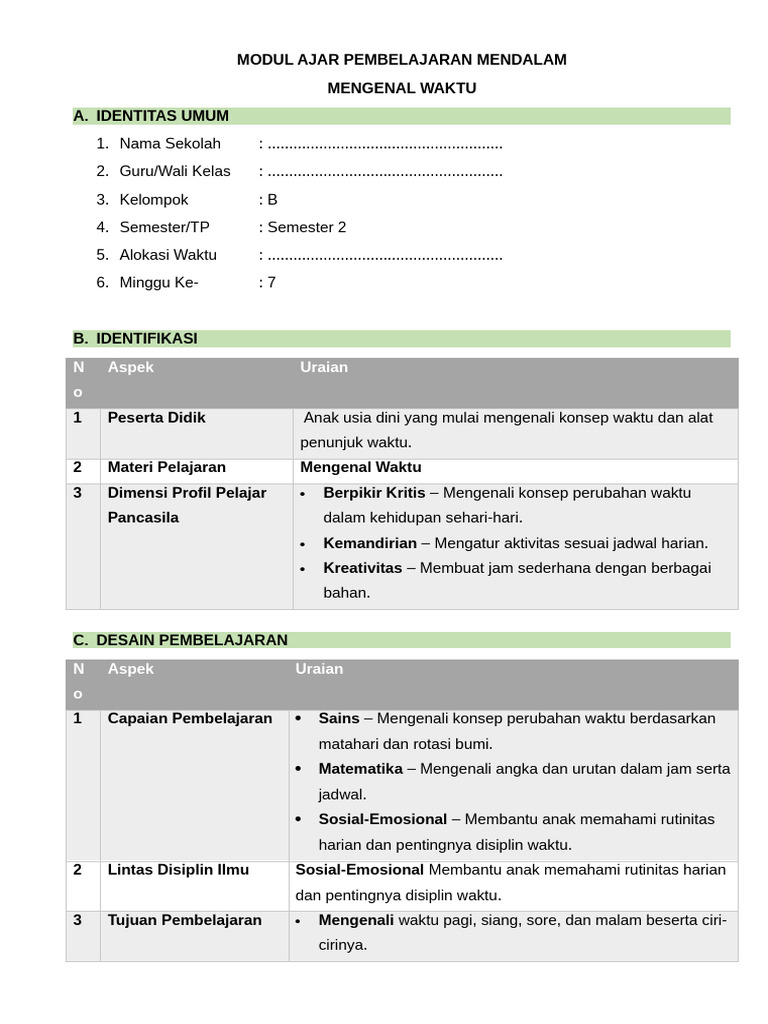 Modul Ajar Mengenal Waktu TK B | PDF