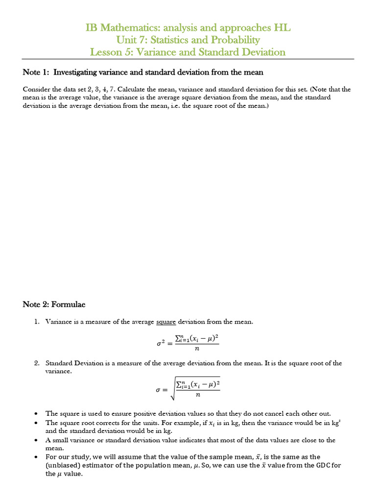 Lesson 5 - Variance and Standard Deviation | PDF