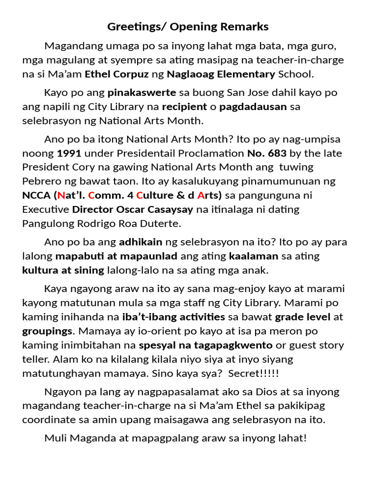 Opening Remarks (Arts and Craft Activity) | PDF