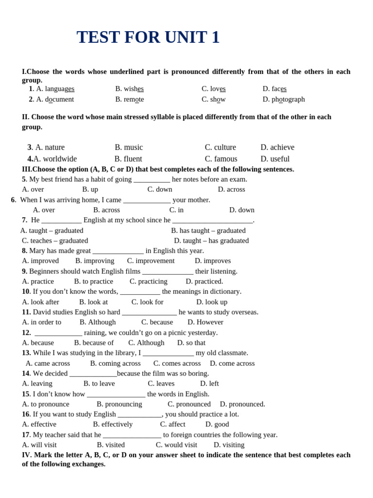 Test Unit 1 | PDF | English Language | Foreign Language