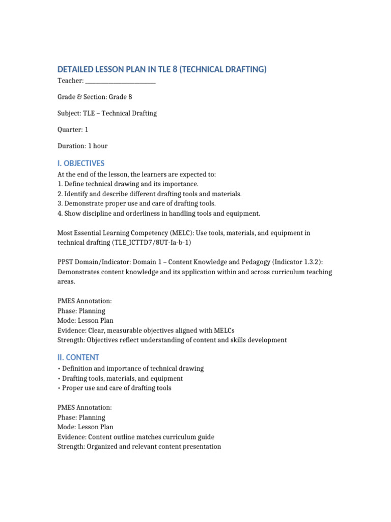 TLE 8 Technical Drafting Lesson Plan | PDF | Learning | Technical Drawing