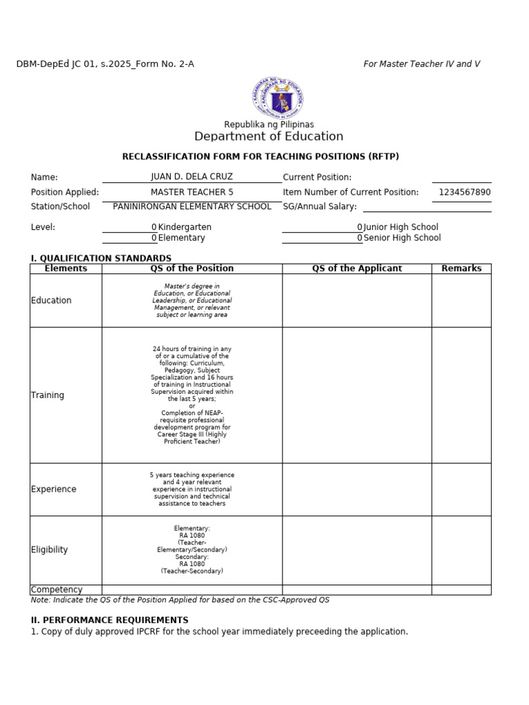 RFTP Form for Master Teacher IV/V | PDF | Educational Assessment | Learning
