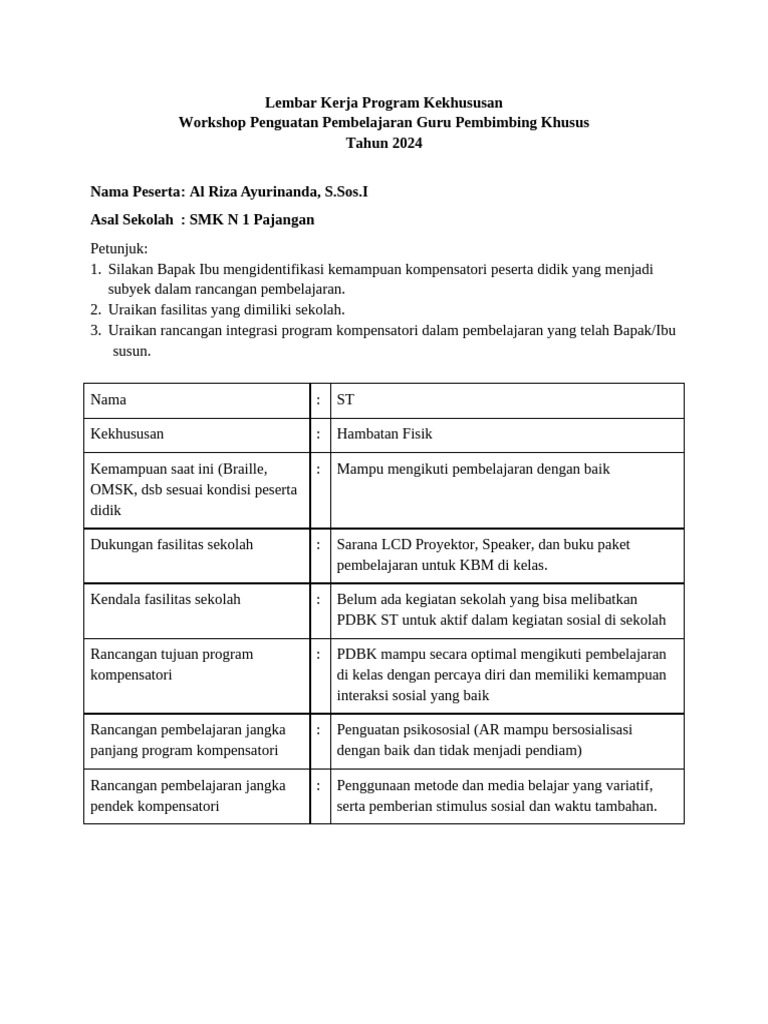 Lembar Kerja Program Kekhususan - SMKN 1 PAJANGAN | PDF