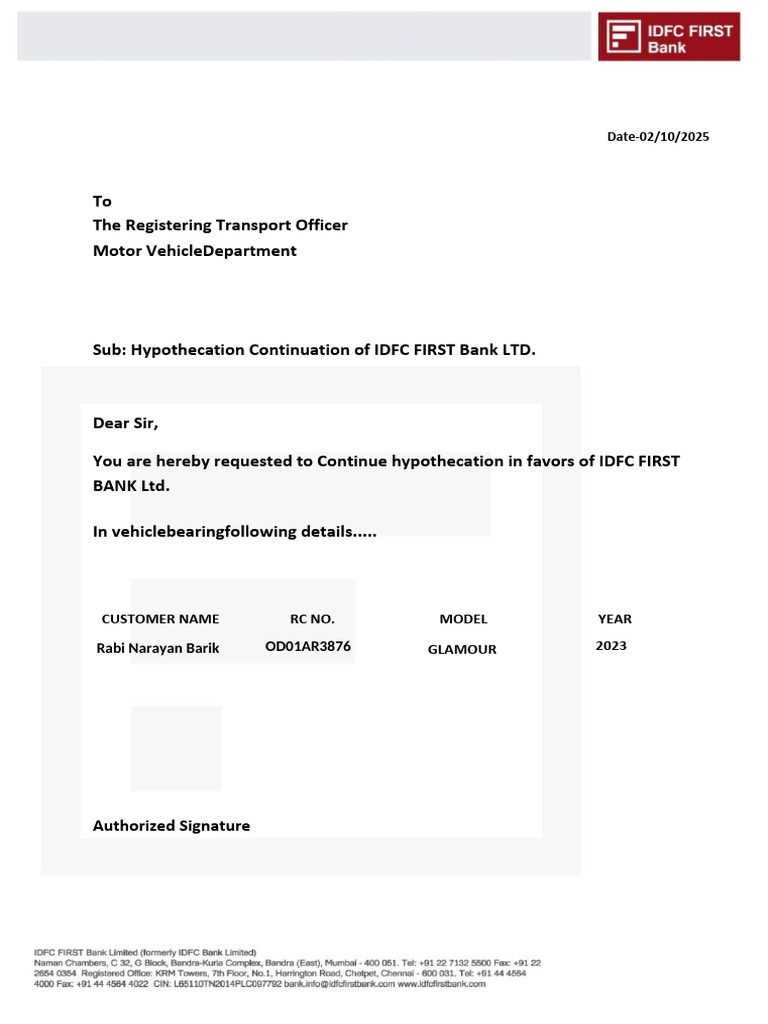IDFC FIRST Bank Hypothecation Request | PDF