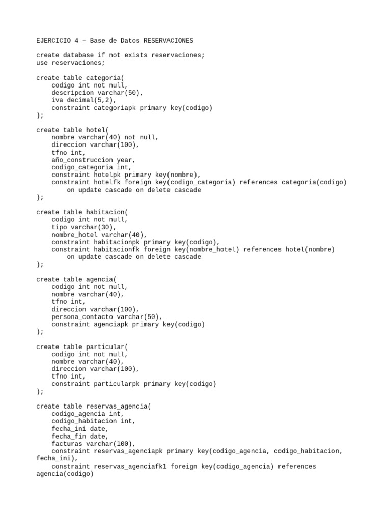 Ejercicio 4 - Base de Datos Reserva | PDF | Diseño de software | SQL