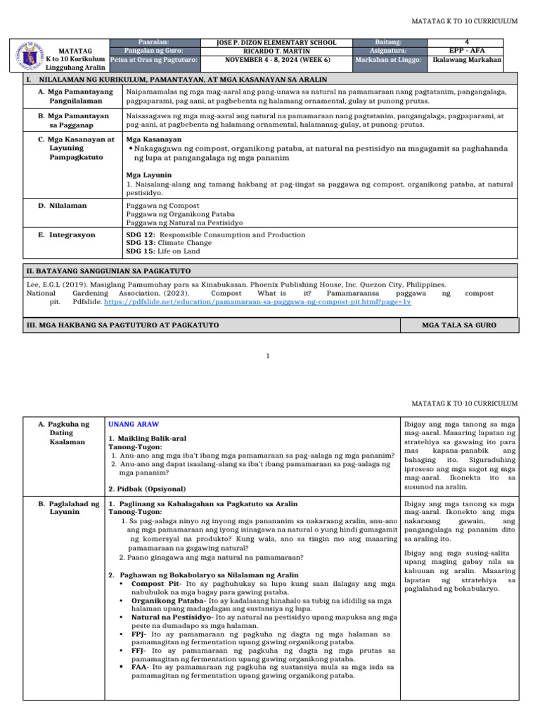 DLL Matatag - Epp 4 q2 w6 | PDF