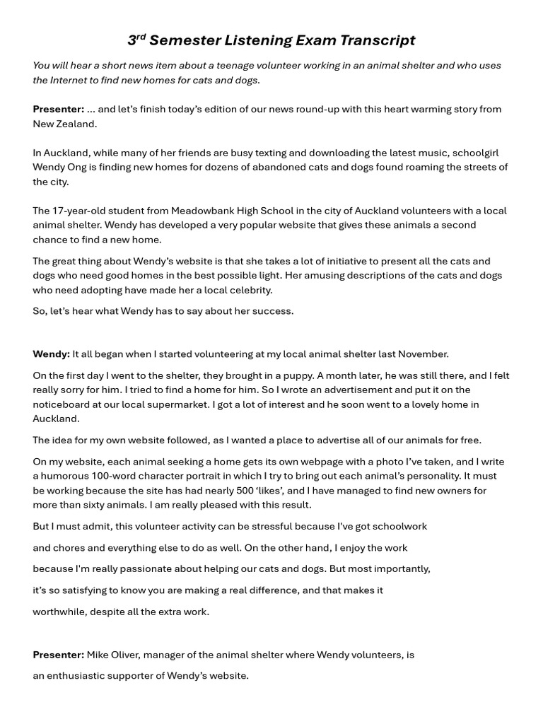 3rd Semester Listening Exam Transcript and Answer Key | PDF