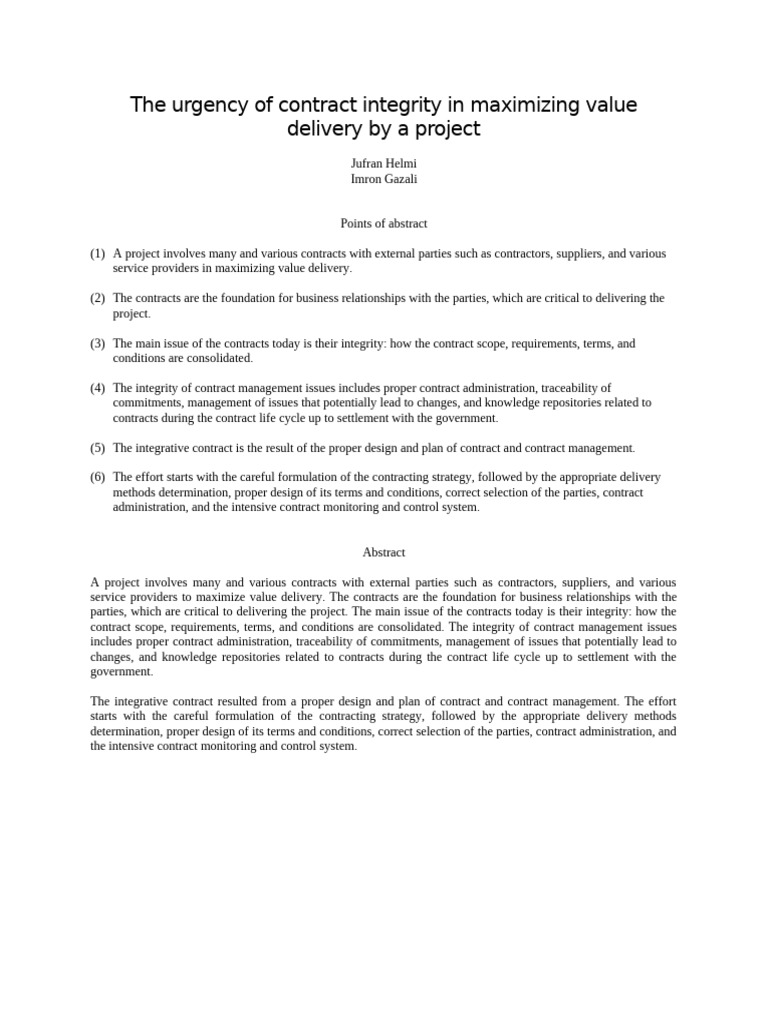 The Urgency of Contract Integrity in Maximizing Value Delivery by A ...