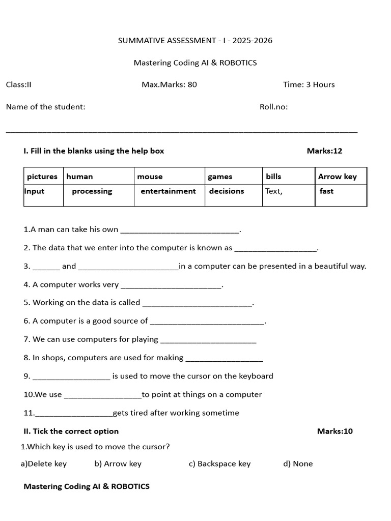 Mastering Coding - Grade 2 SA1 - Final - Q.papers | PDF | Cursor (User Interface) | Computer ...