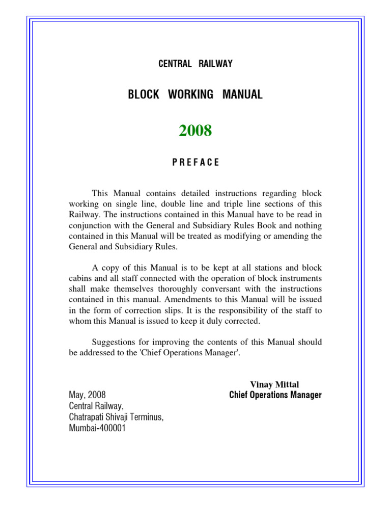 Central Railway Block Working Manual | PDF | Rail Infrastructure ...