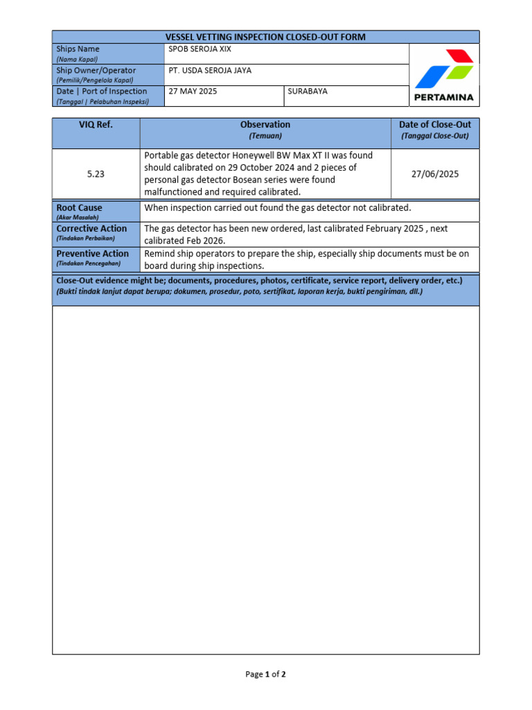 Vessel Vetting Inspection Close-Out Report | PDF