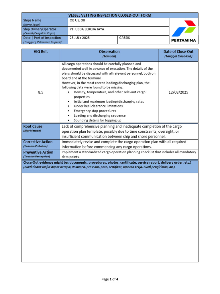 8.5 - Close-Out-Form Cargo Plan | PDF | Freight Transport | Water Transport