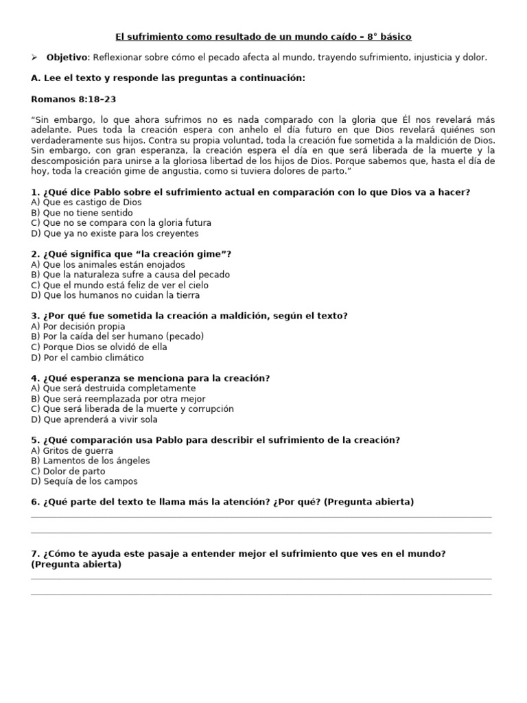 El Sufrimiento Como Resultado de Un Mundo Caído - 8 Basico | PDF ...