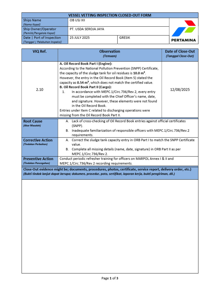 2.10 - Close-Out-Form SNPP, ORB Part I and Part II | PDF | Shipping | Water Transport