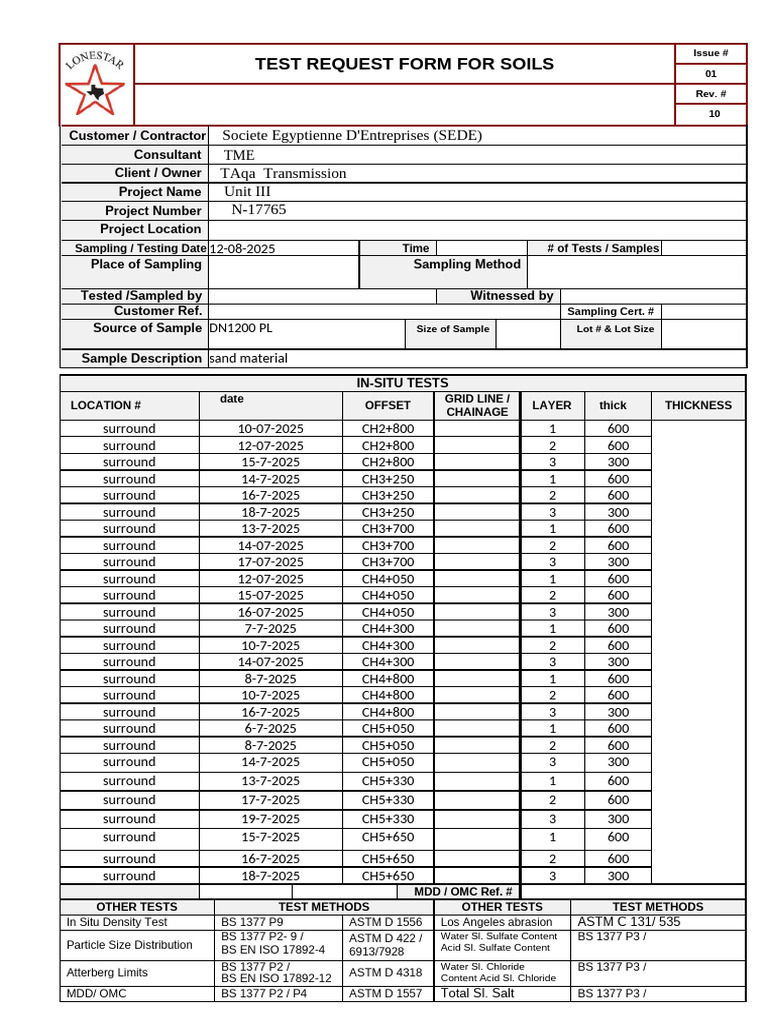 CIV-FRM-003-10 Test Request Form For Soil | PDF | Soil | Natural Materials