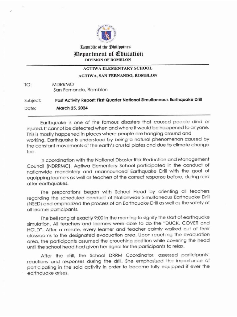 Post Activity Report 1st QTR NSED - School | PDF