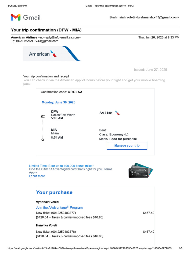 Gmail - Your Trip Confirmation (DFW - MIA) | PDF | Baggage | American ...