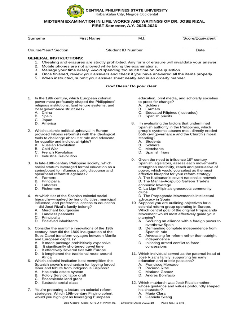 Midterm Examination in Rizal Life | PDF | Philippines