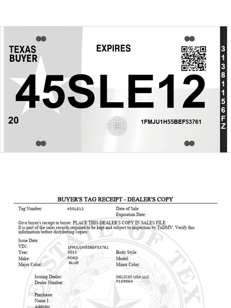 Buyer's Tag Receipt for 2011 Ford Expedition | PDF | Vehicle Industry ...