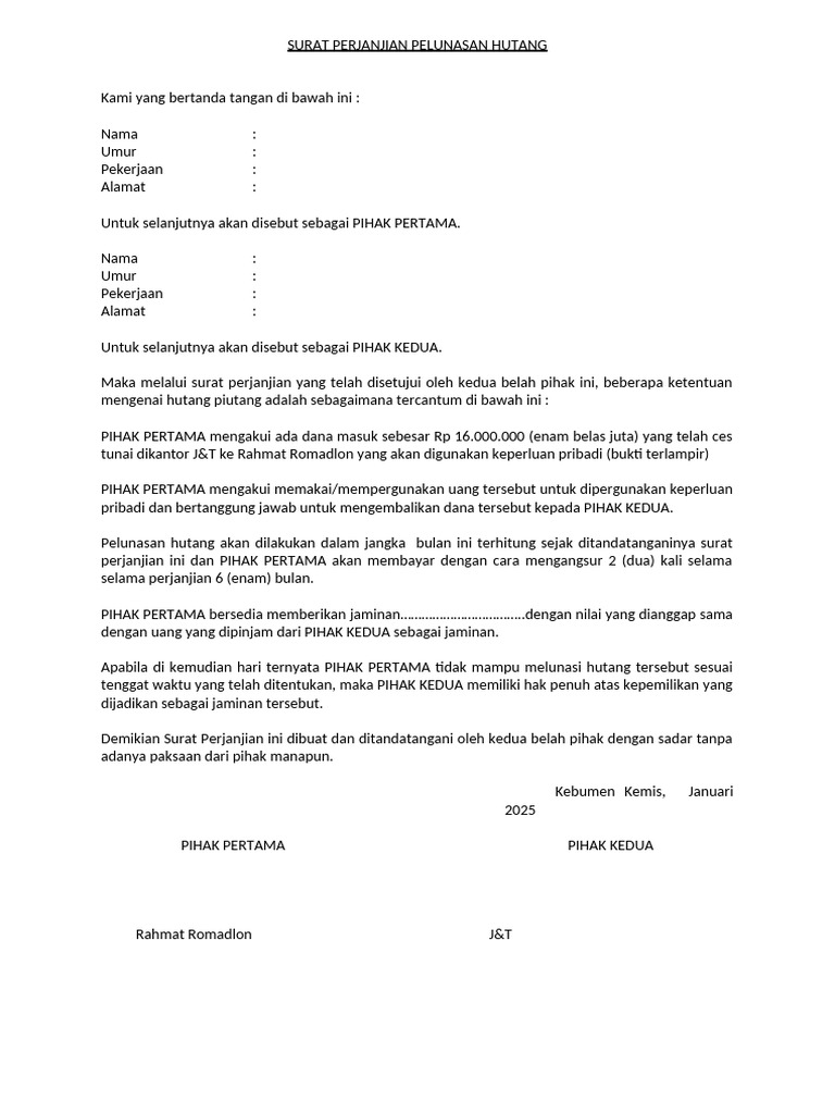 Surat Perjanjian Pelunasan Hutang | PDF