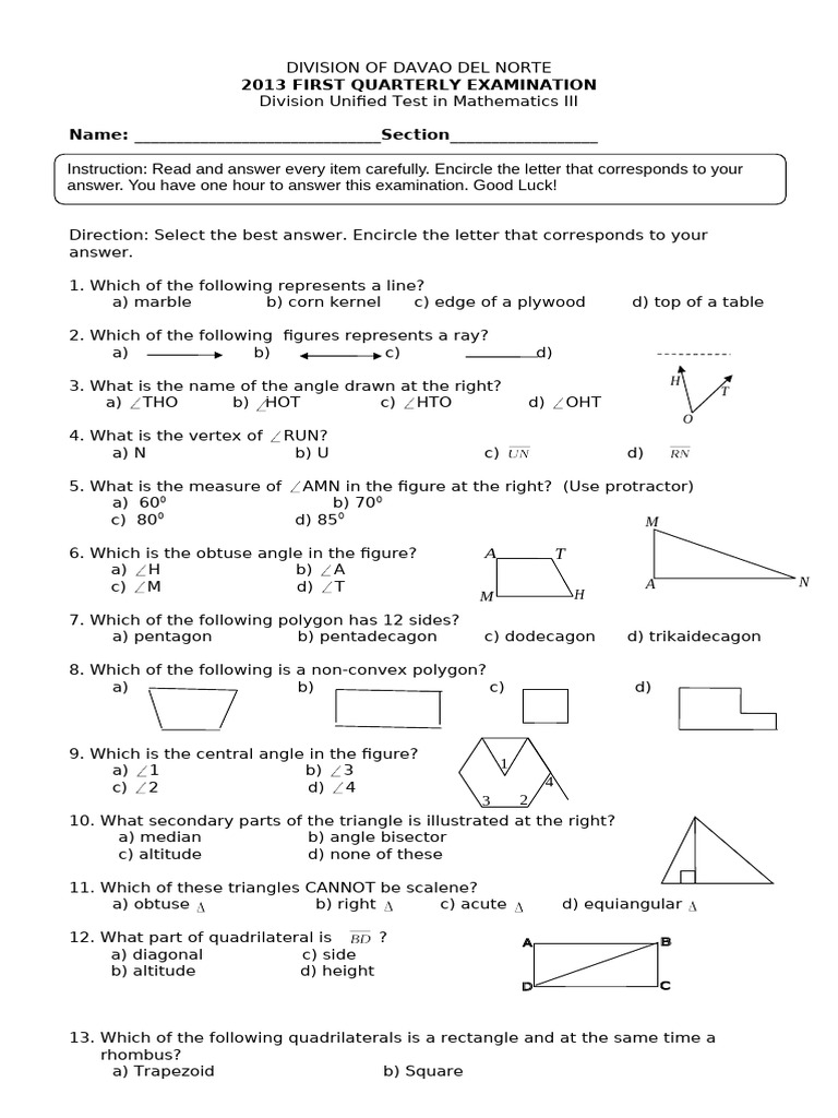 Davao del Norte Math Exam 2013 | PDF | Triangle | Area