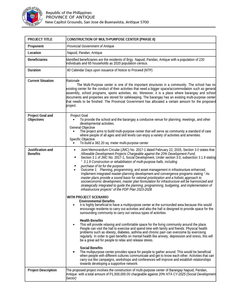 Construction of Multi-Purpose CENTER (Phase II) Napuid, Pandan | PDF ...