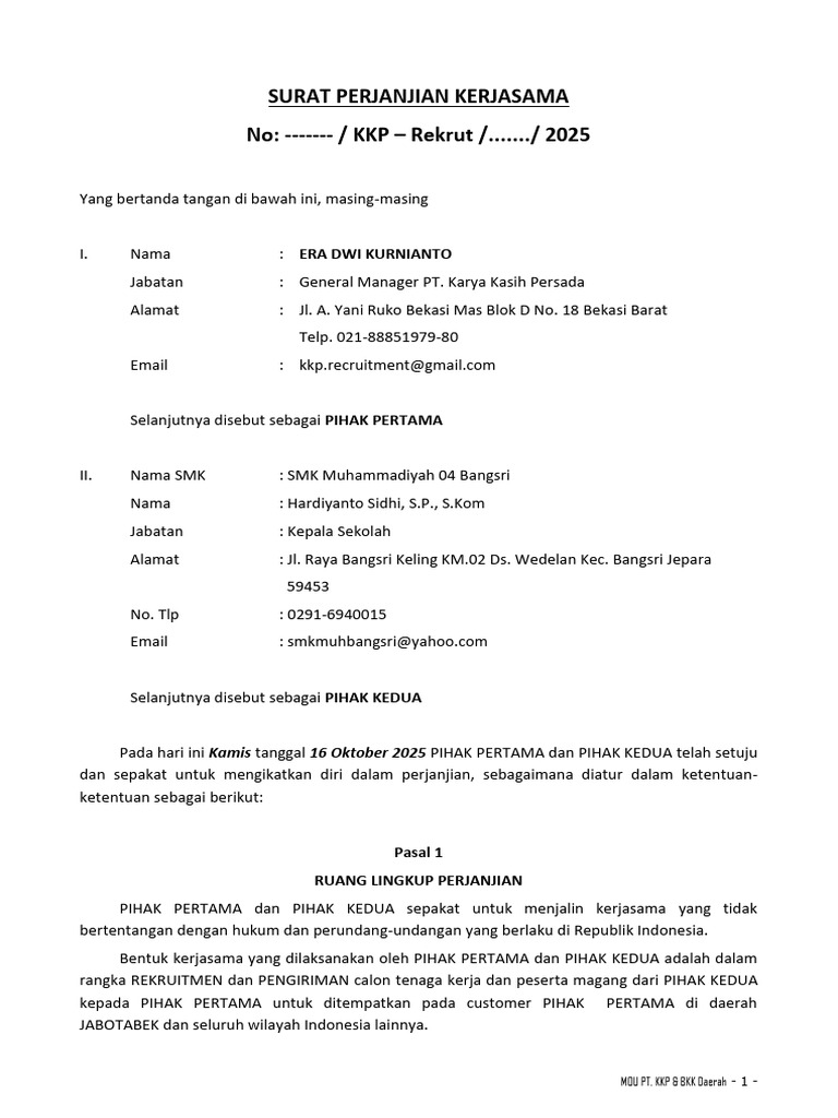 Draft MOU PT Karya Kasih Persada & SMK MU4RA 2025 | PDF