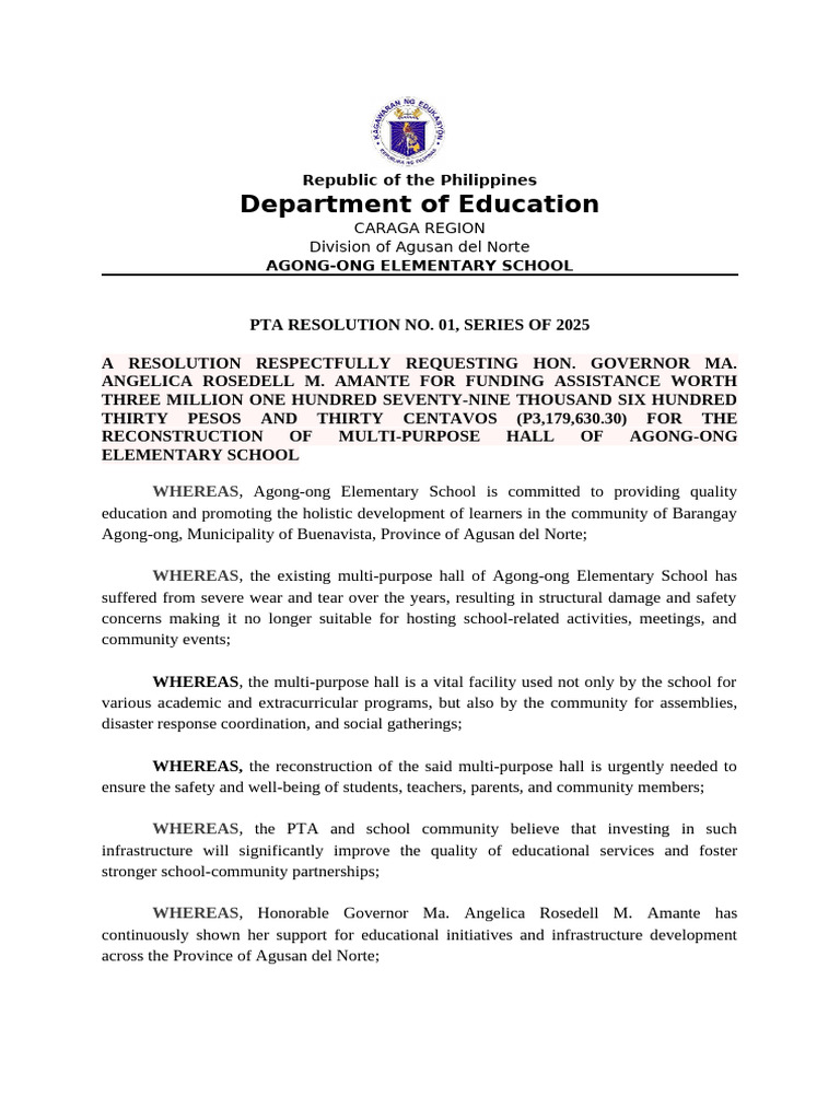Pta Resolution For Agong-Ong Es Multipurpose Hall | PDF