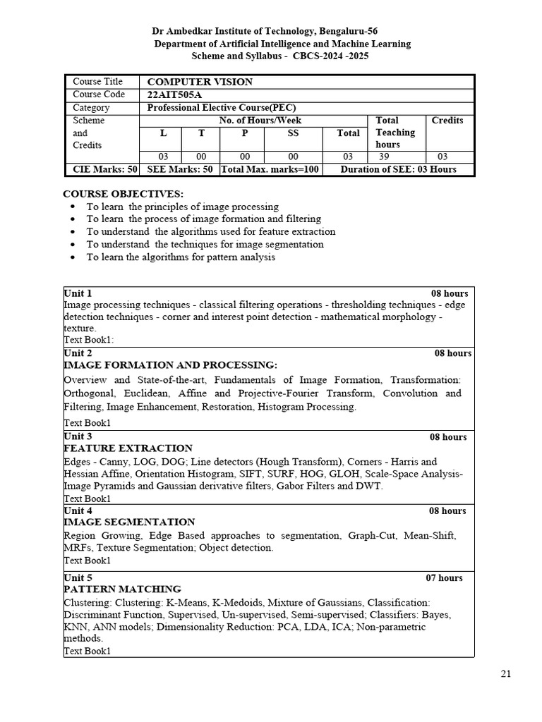 Computer Vision Course Syllabus 2024-2025 | PDF | Image Segmentation ...