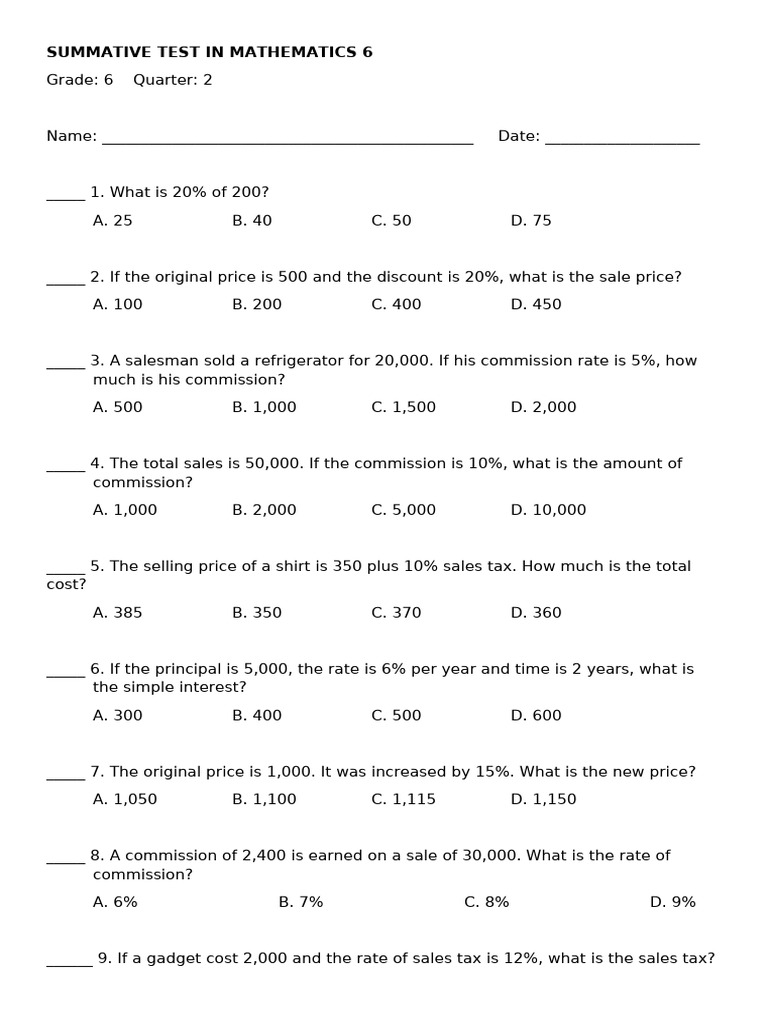 Summative Test in Mathematics 6-Edited-2 | PDF | Interest | Discounting