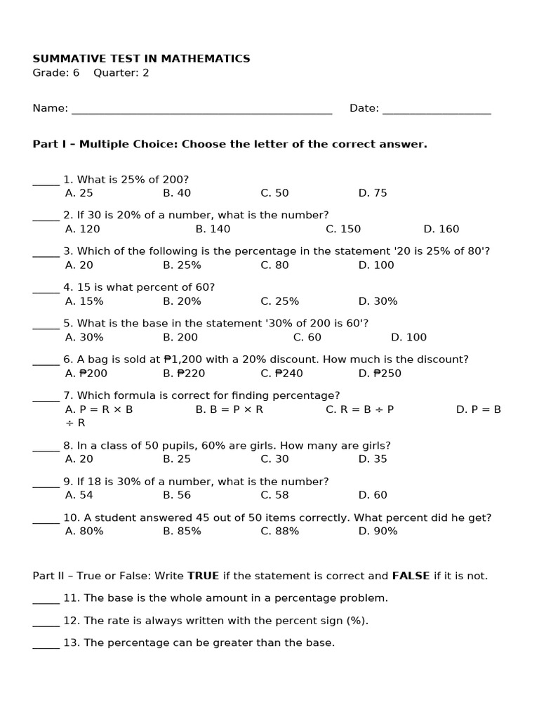 Grade 6 Math Summative Test on Percentages | PDF | Interest | Percentage