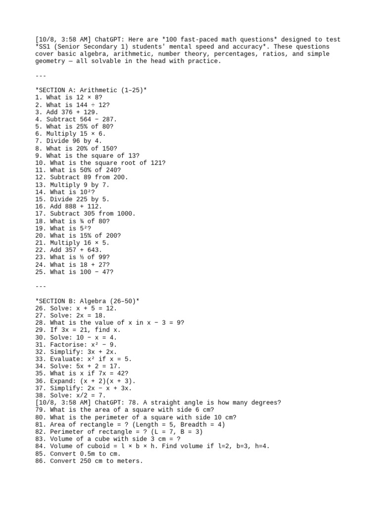 100 Fast Math Questions for SS1 Students | PDF | Area | Arithmetic