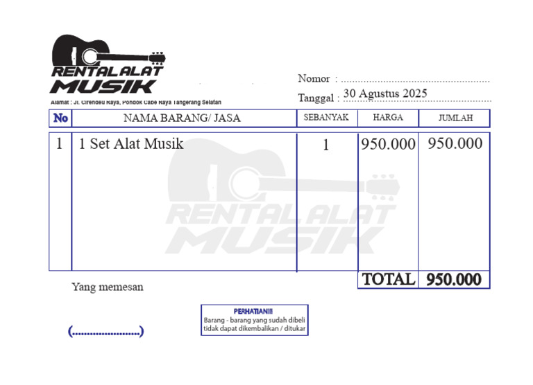 Nota Sewa Alat Musik 30 Agustus 2025 | PDF