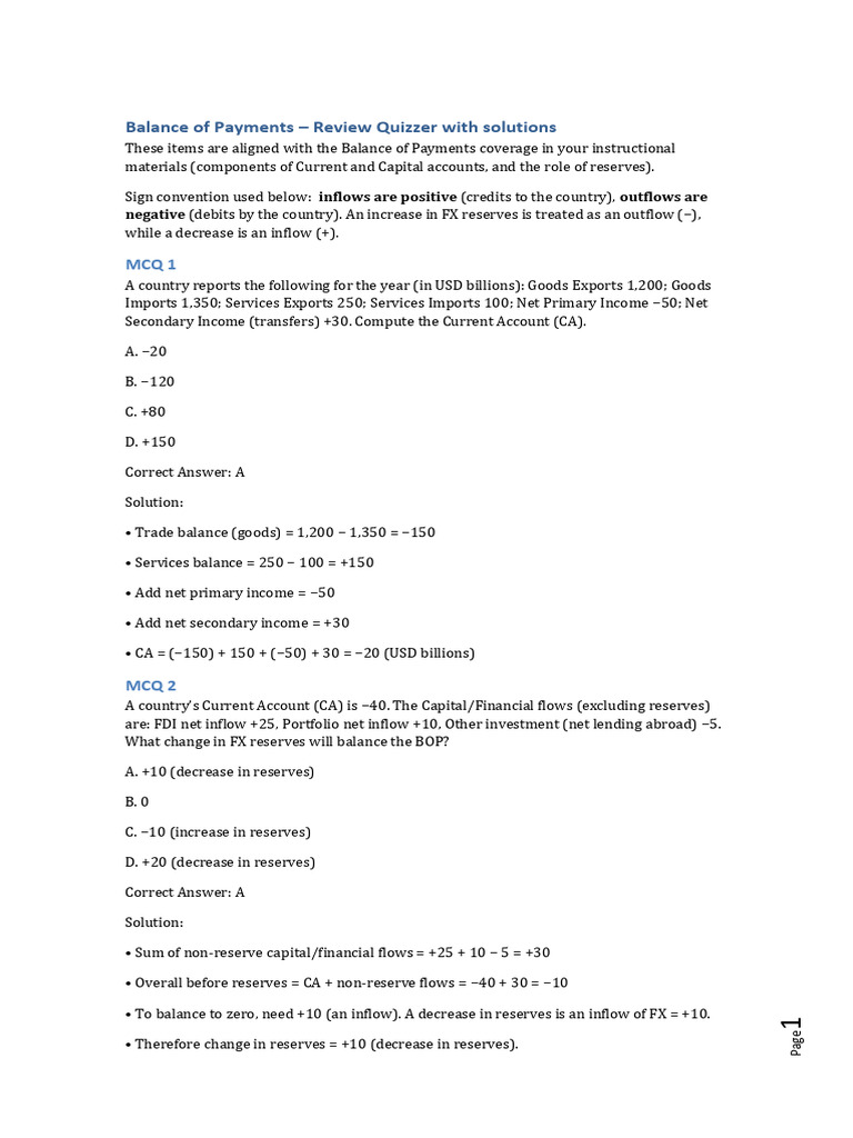 Balance of Payments Quiz with Solutions | PDF | Balance Of Payments ...