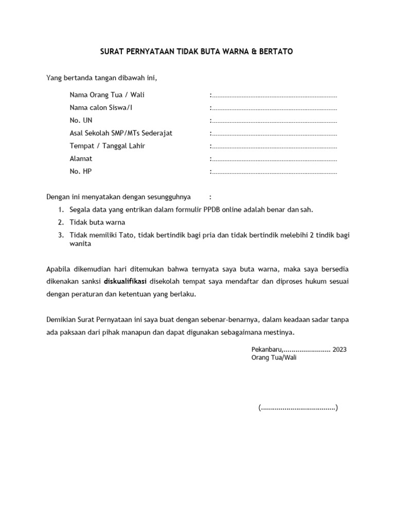 Surat Pernyataan Tidak Buta Warna dan Bertato | PDF