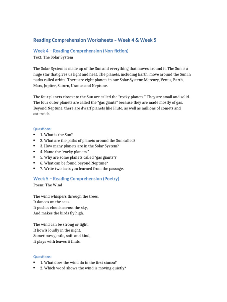 Reading Comprehension Worksheets: Weeks 4-5 | PDF